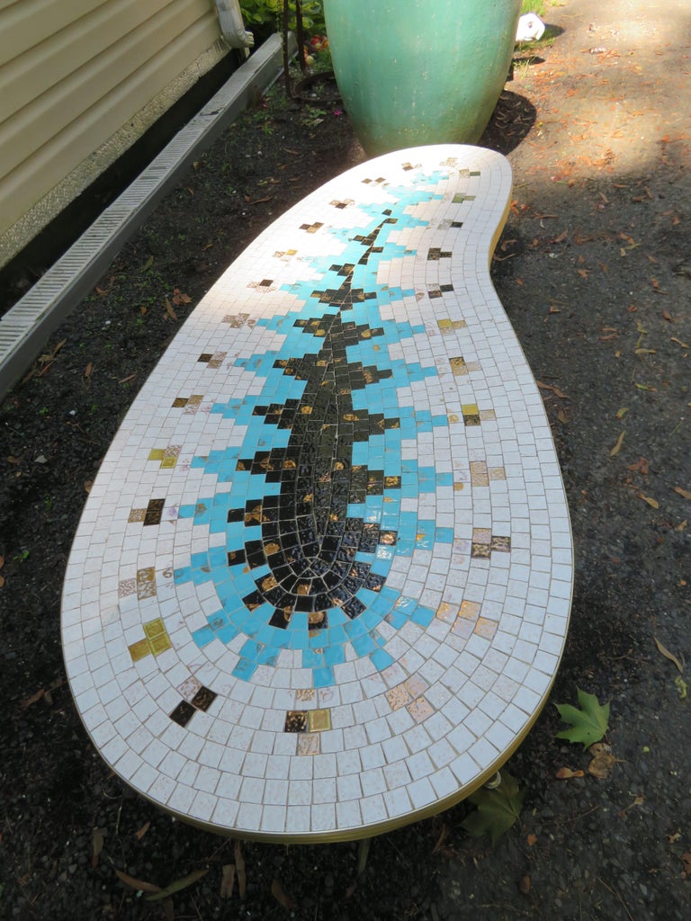 Gorgeous Brass Kidney Shaped Tile Mosaic Top Coffee Table Mid-Century ...