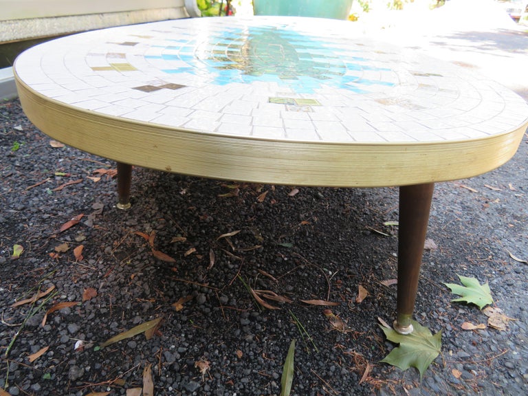 Gorgeous Brass Kidney Shaped Tile Mosaic Top Coffee Table Mid-Century ...