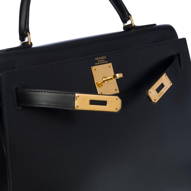 Gorgeous Hermes Kelly 28 sellier handbag strap in black box calf ...