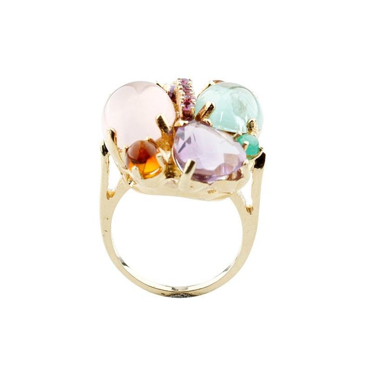 Gorgeous Multi-Color Gemstone Cluster Ring in Yellow Gold For Sale at 1stDibs