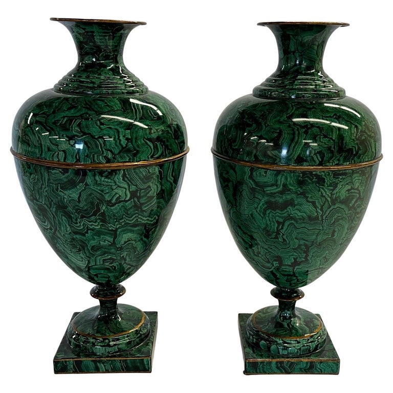 Gorgeous Pair of Maitland Smith Enameled Faux Malachite Urns at 1stDibs