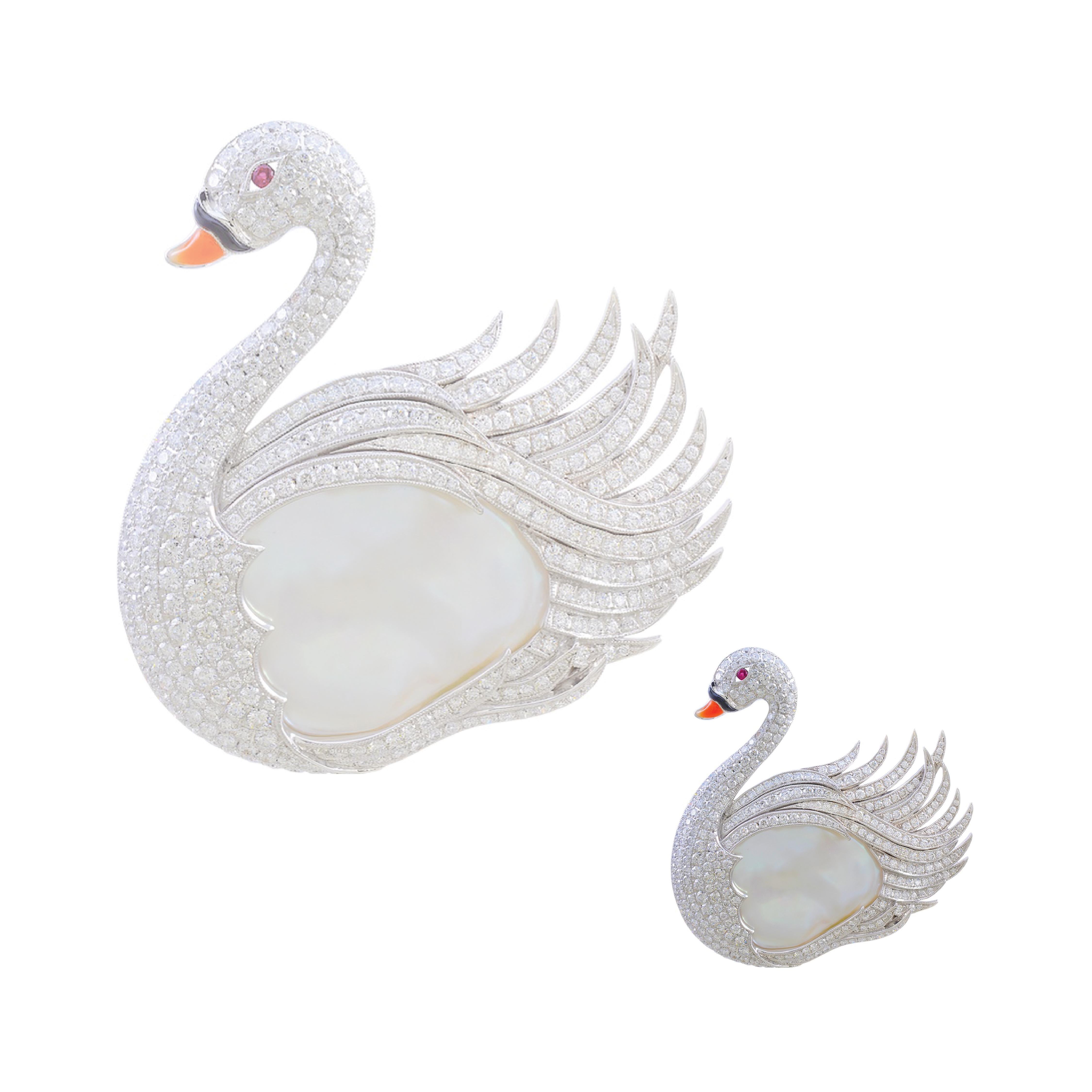 Sophia D, Pearl, Coral and 4.60 Carat Diamond Swan Brooch For Sale at ...