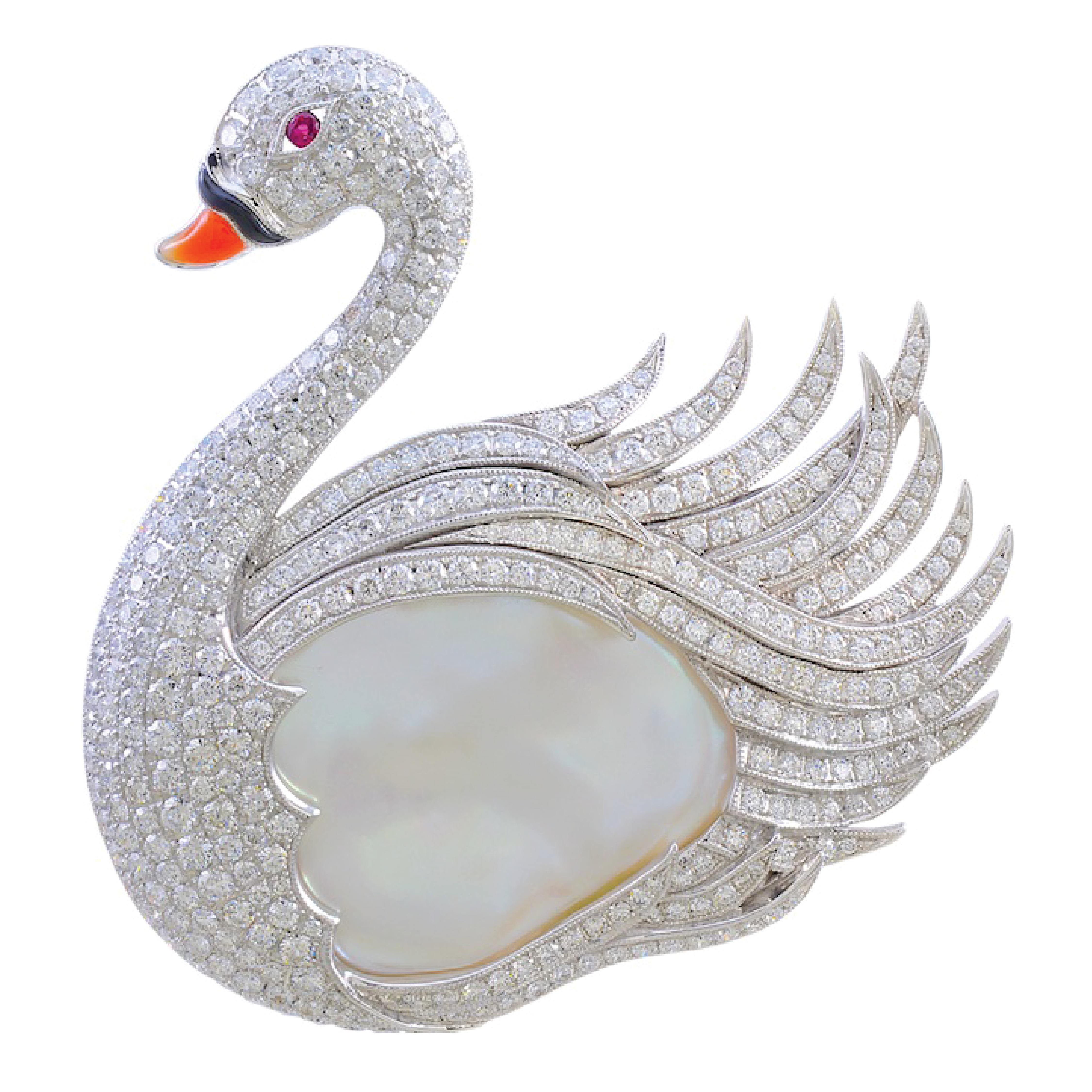 Sophia D, Pearl, Coral and 4.60 Carat Diamond Swan Brooch For Sale at ...