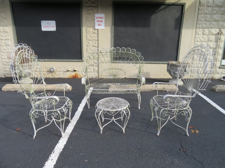 Gorgeous Salterini Wrought Iron Fan Back Peacock Patio Bench at 1stDibs
