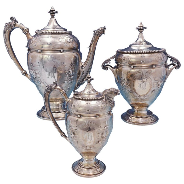 Gorham Coin Silver Coffee Set Hand Chased Repousse Antique 3-Piece #30 ...