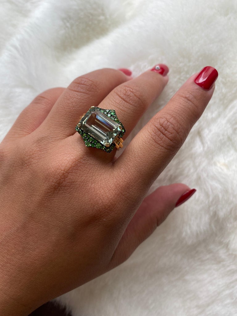 Gosahwara Emerald Cut Prasiolite And Tsavorite Ring For Sale at 1stDibs