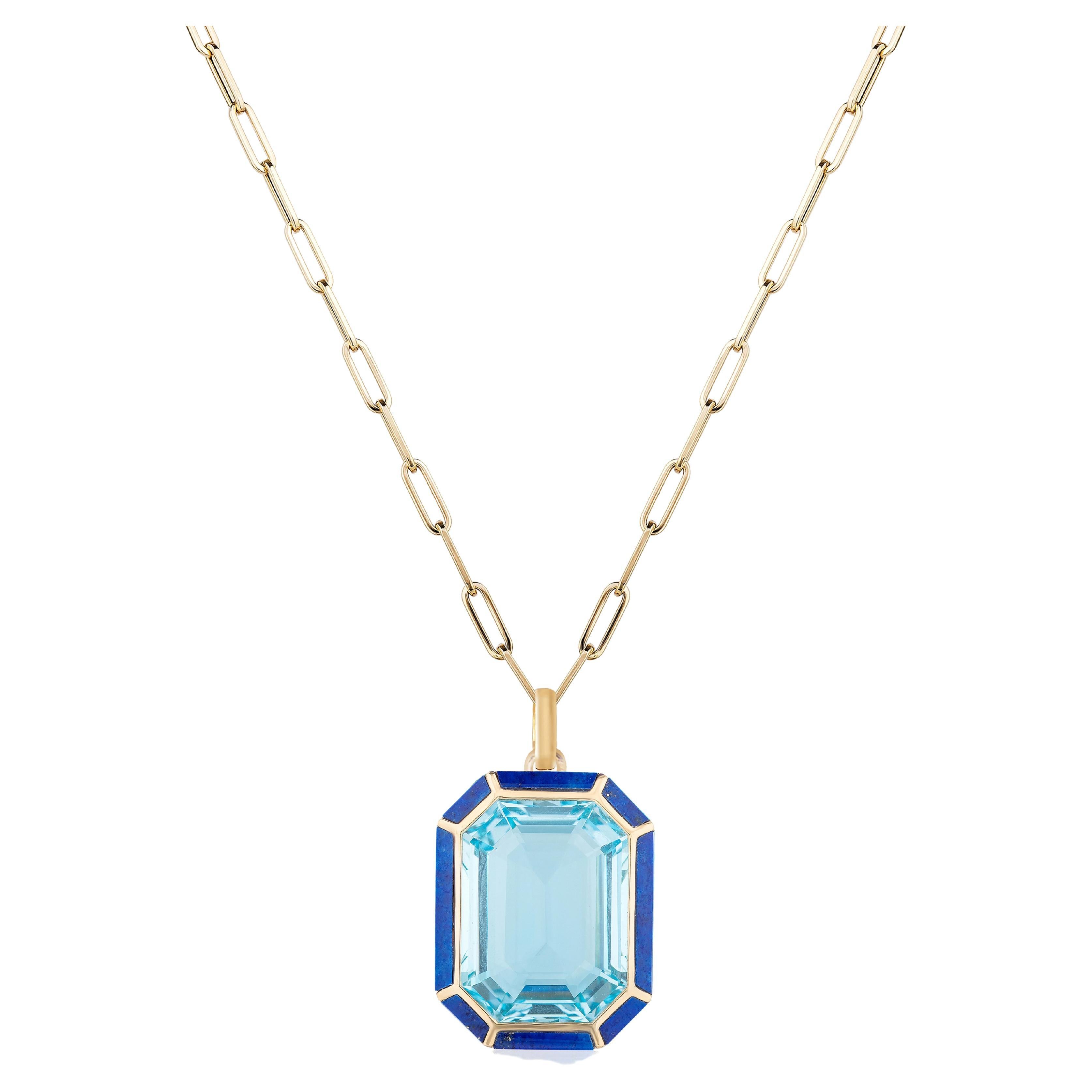 Pendant in Emerald Cut London Blue Topaz with Chain For Sale at 1stDibs
