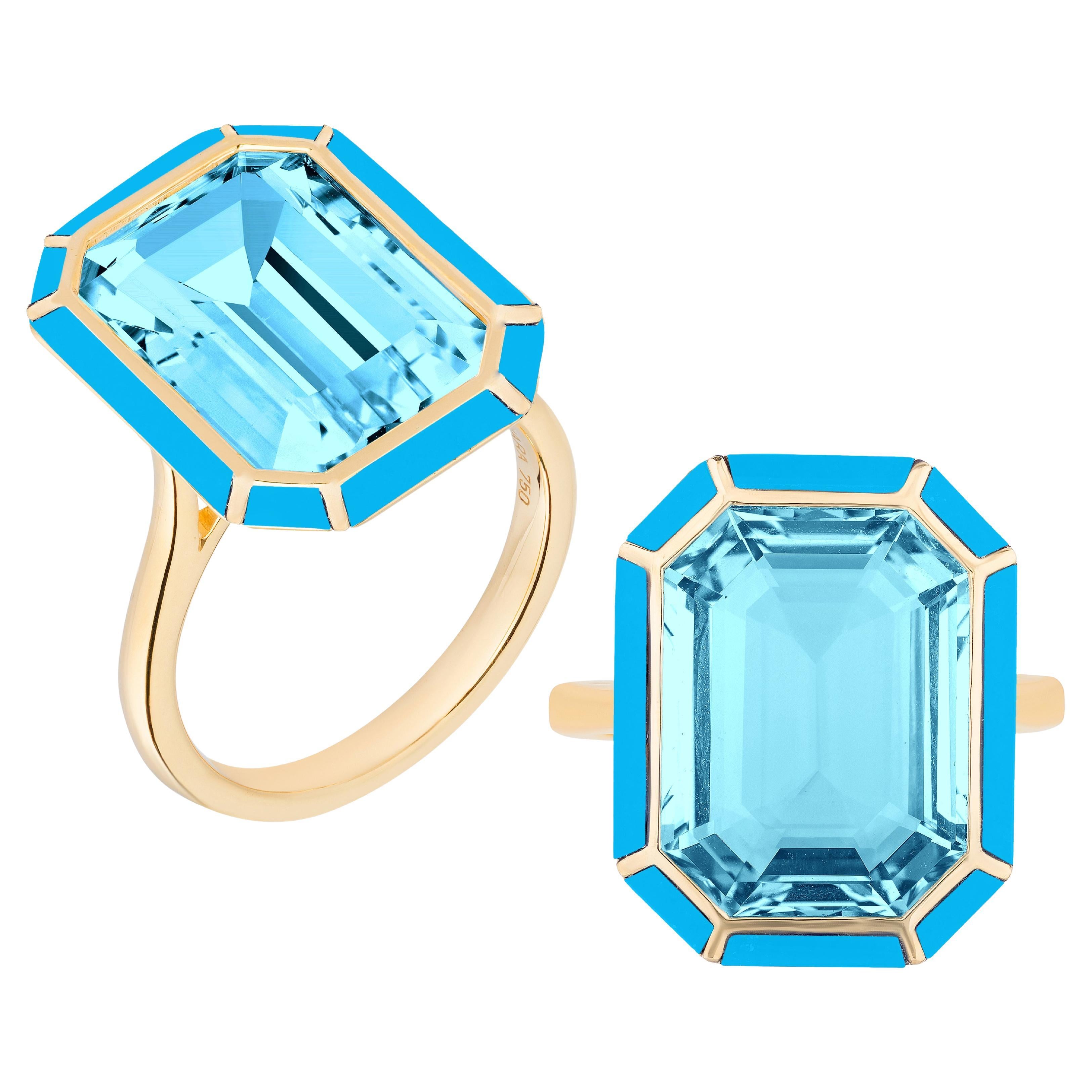 Goshwara Blue Topaz Emerald Cut with Diamonds and Turquoise Enamel Ring ...