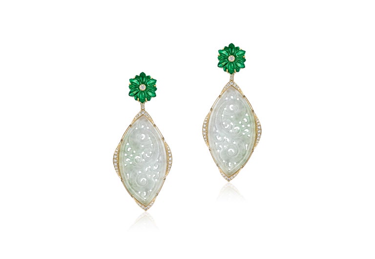Goshwara Carved Emerald dnd Jade with Diamond Earrings For Sale at 1stDibs