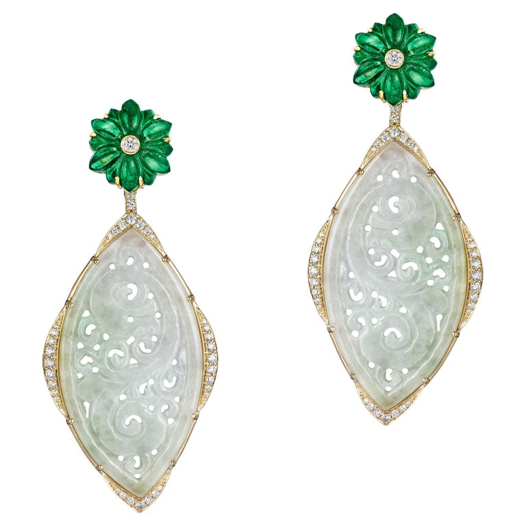 Goshwara Carved Emerald dnd Jade with Diamond Earrings For Sale at 1stDibs