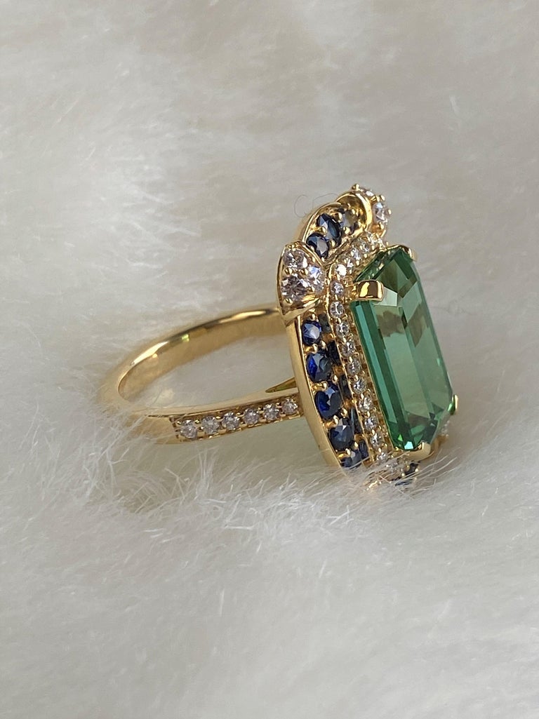 Goshwara Green Tourmaline Emerald Cut with Diamonds and Sapphire Ring ...