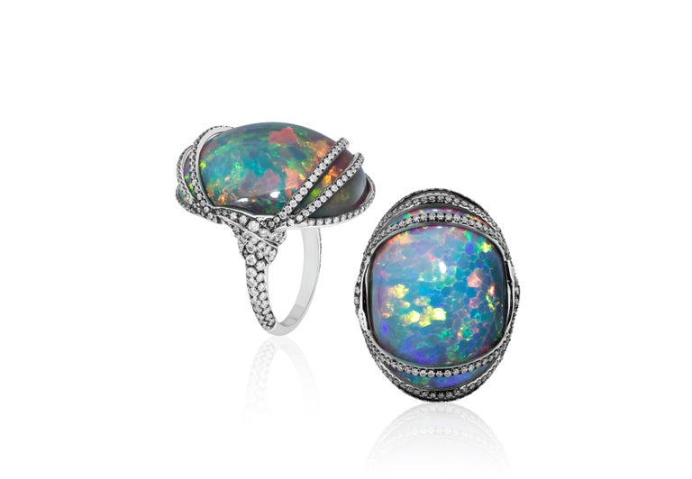 Goshwara Large Black Opal Cabochon Diamond with Light Black Rhodium ...