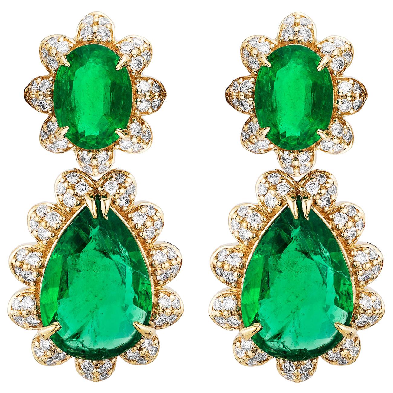 Goshwara Oval and Pear Shape Emerald with Diamonds Earrings For Sale at ...