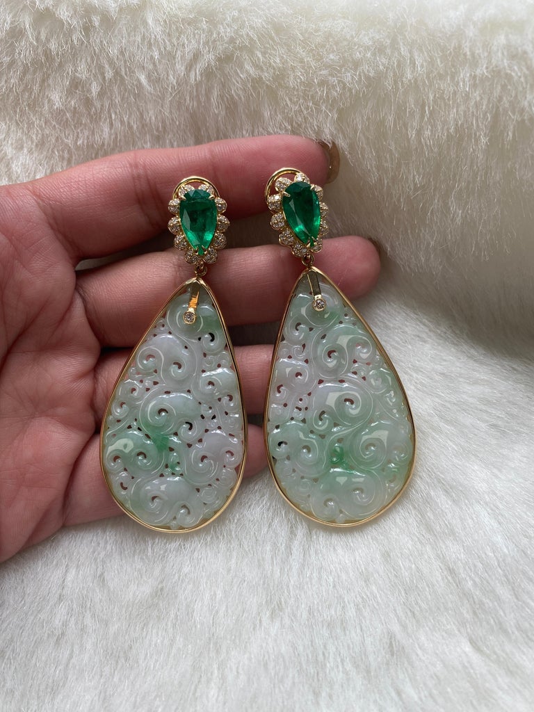 Goshwara Pears Shape Emerald, Carved Jade with Diamond Earrings For ...