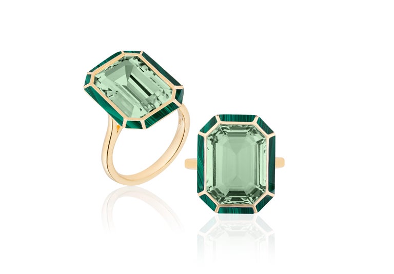 Goshwara Prasiolite and Malachite Emerald Cut Ring For Sale at 1stDibs