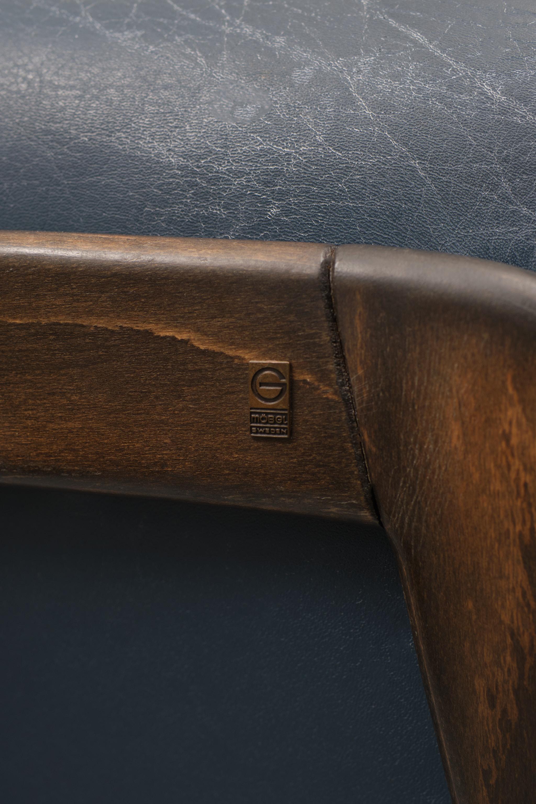 Göte Mobler Blue Leather Lounge Chair 1960s Sweden For Sale at 1stDibs