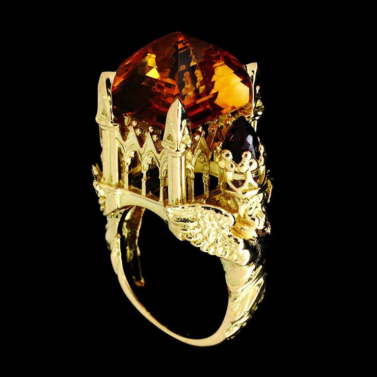 Gothic Cathedral Ring in 18 Karat Yellow Gold, Citrine and Garnets For ...