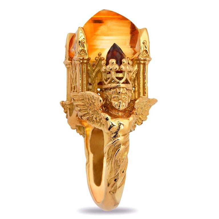Gothic Cathedral Ring in 18 Karat Yellow Gold, Citrine and Garnets For ...