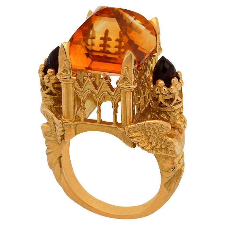 Gothic Cathedral Ring in 18 Karat Yellow Gold, Citrine and Garnets For ...