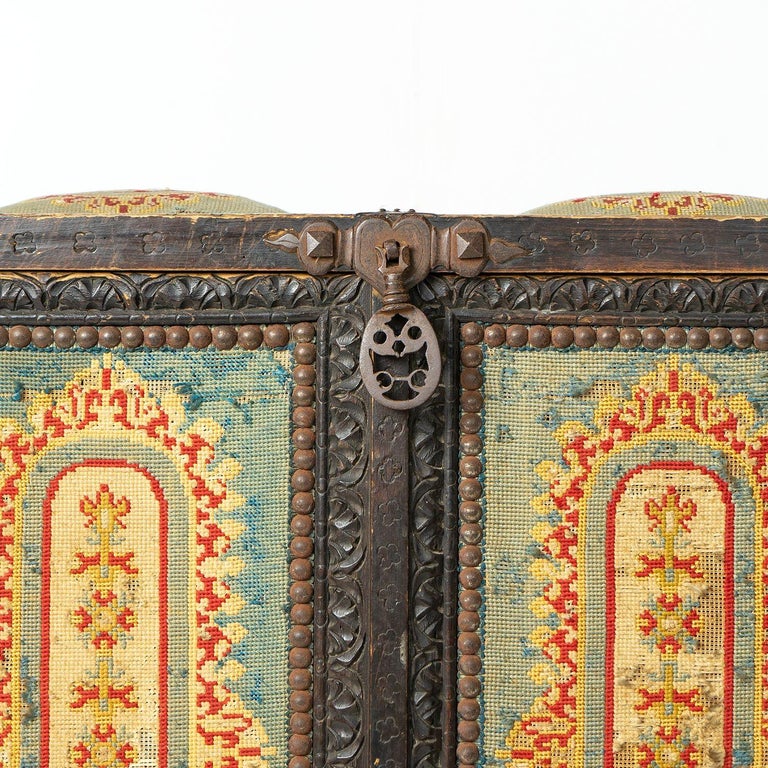 Antique French Gothic Needlepoint Embroidery Upholstered Chest, 19th ...
