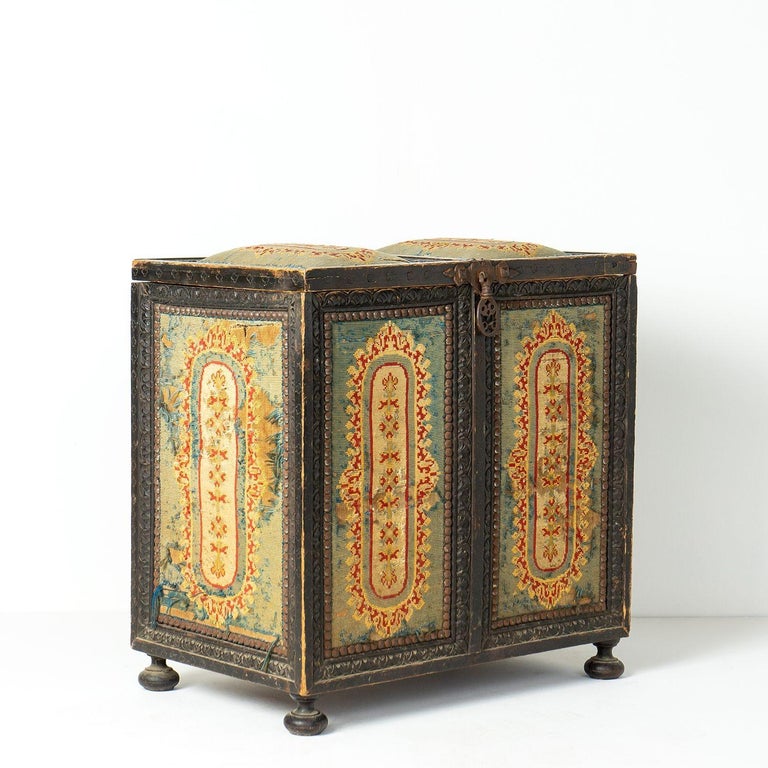 Antique French Gothic Needlepoint Embroidery Upholstered Chest, 19th ...