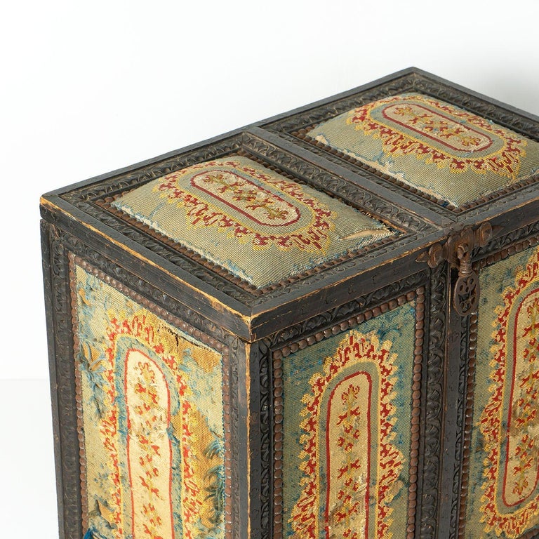 Antique French Gothic Needlepoint Embroidery Upholstered Chest, 19th ...