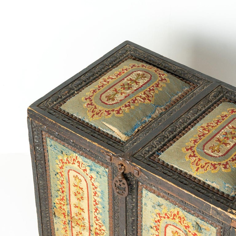 Antique French Gothic Needlepoint Embroidery Upholstered Chest, 19th ...