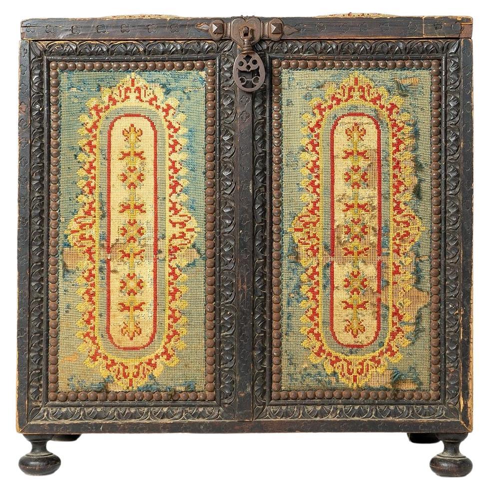 Antique French Gothic Needlepoint Embroidery Upholstered Chest, 19th ...