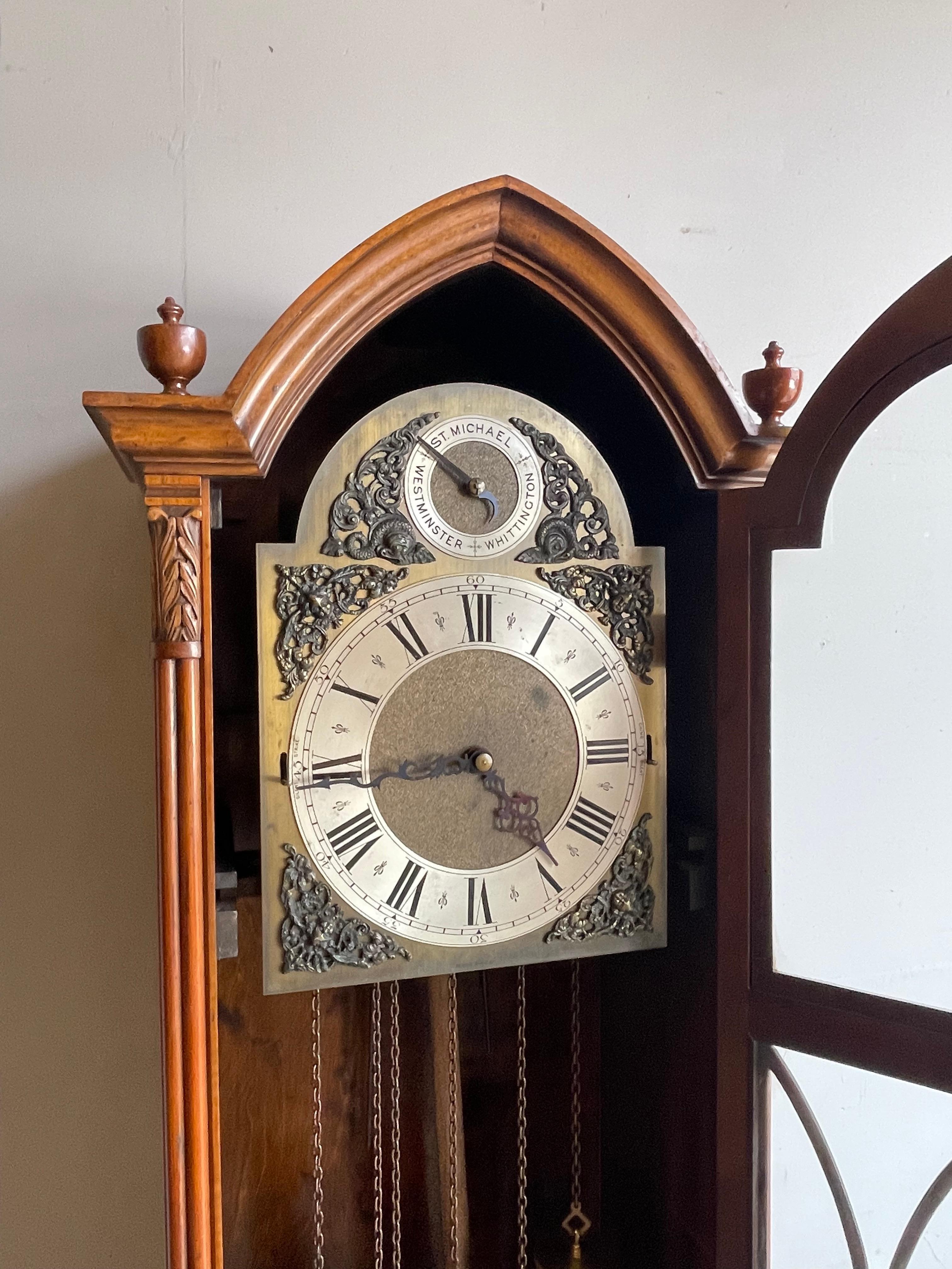 Gothic Nutwood Grandfather Clock w. Engraved Silver Masonic Provenance ...