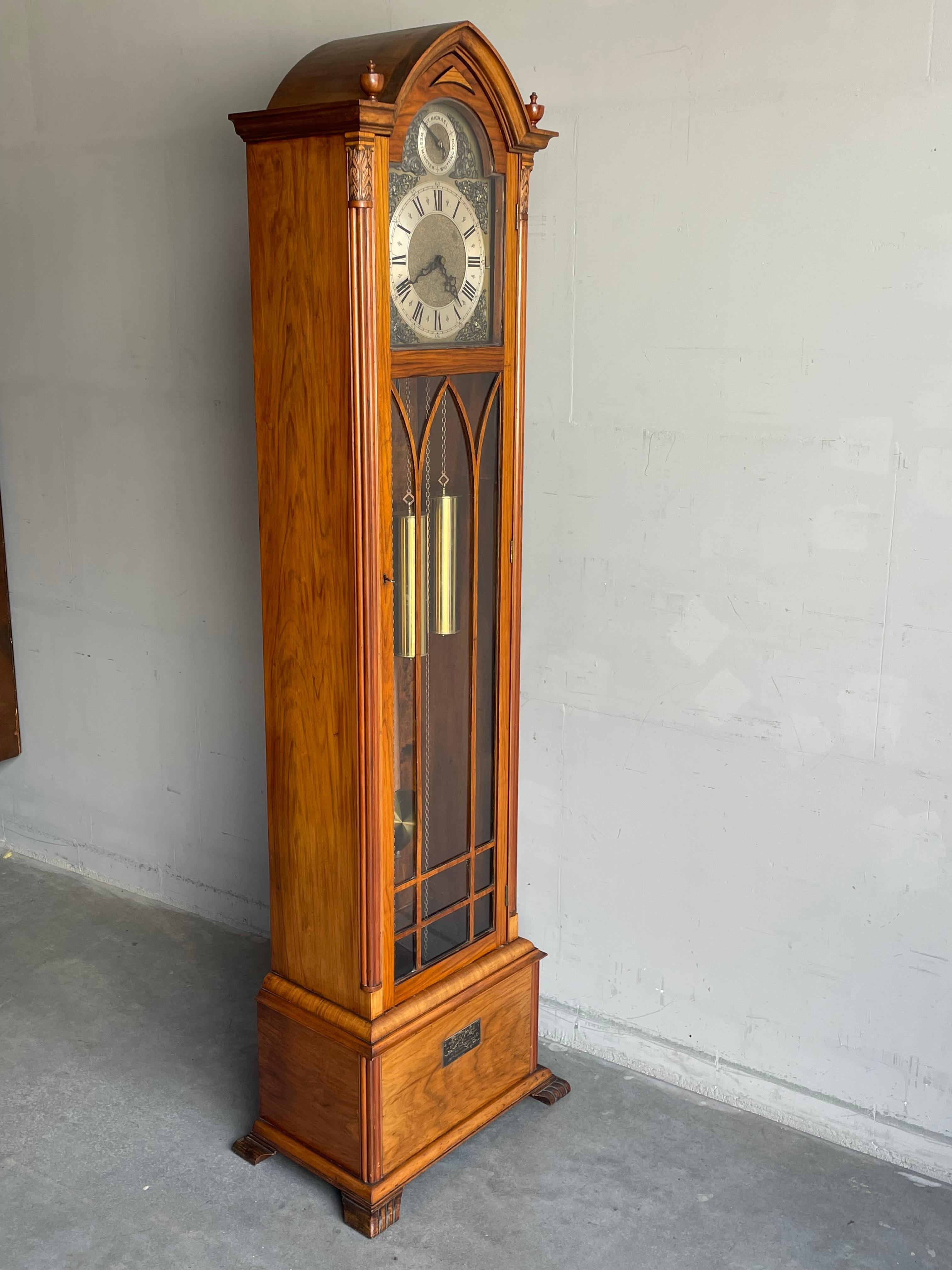 Gothic Nutwood Grandfather Clock w. Engraved Silver Masonic Provenance ...