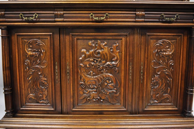 Gothic Renaissance Revival Carved Walnut Dragon Griffin Sideboard Hutch ...