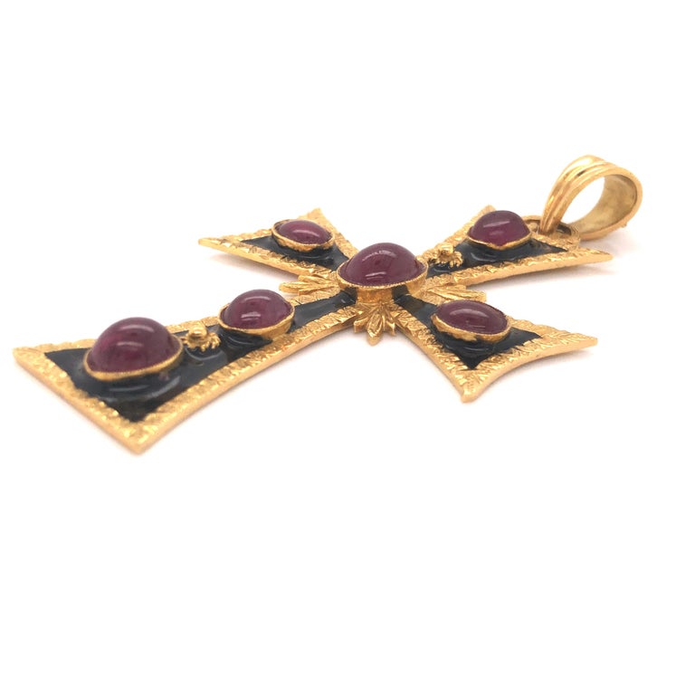 Gothic Revival 18 Karat Yellow Gold Large Ruby Cross Pendant For Sale ...