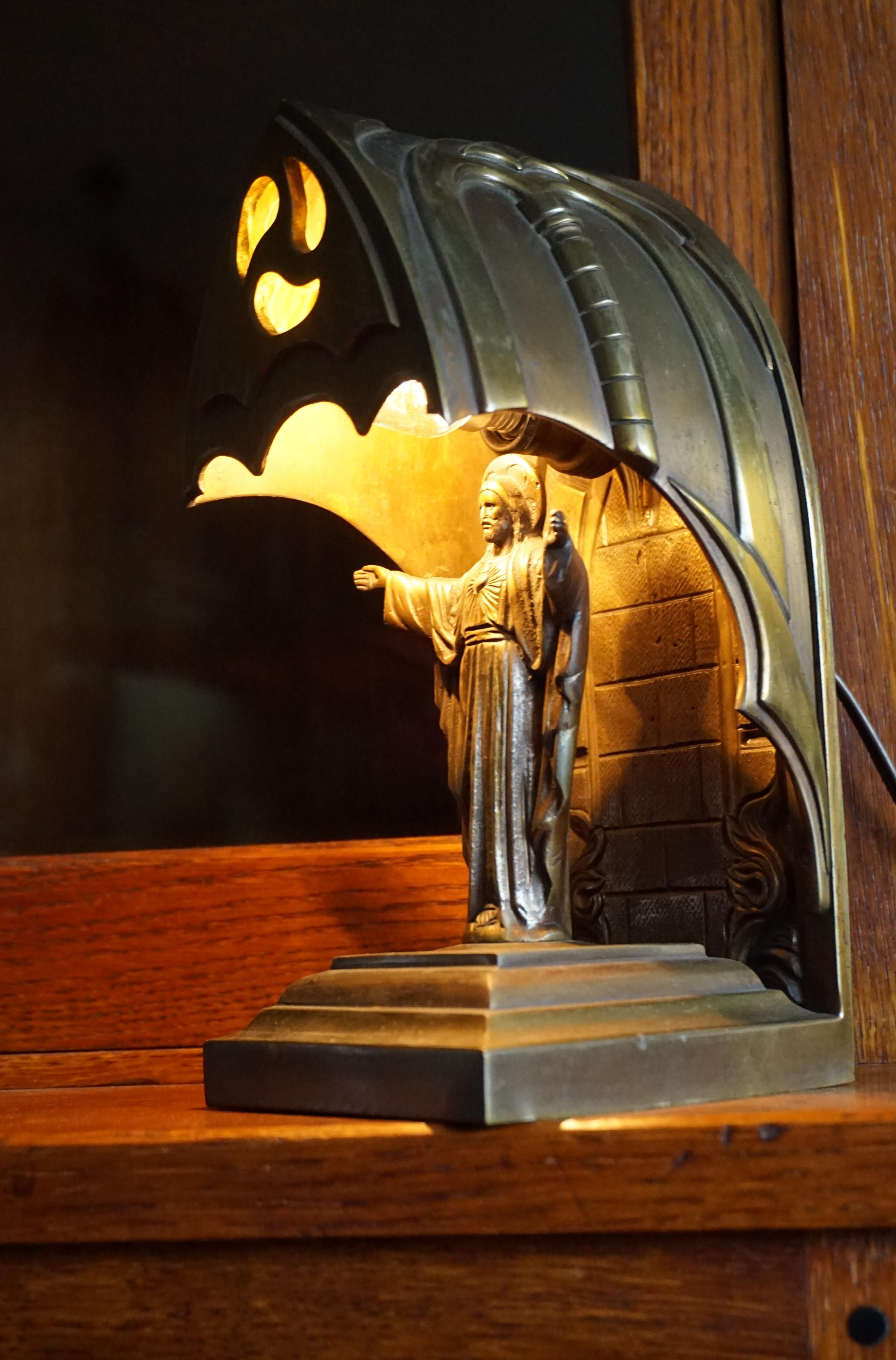 Gothic Revival Bronze and Cathedral Glass Chapel Table Lamp with Christ ...