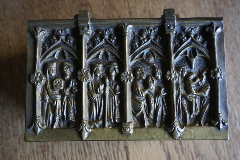 Gothic Revival Bronze Jewelry Box with Biblical Scenes in Church Window ...