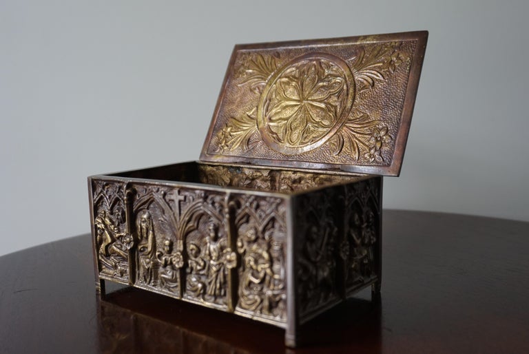Gothic Revival Bronze Jewelry Box with Biblical Scenes in Church Window ...