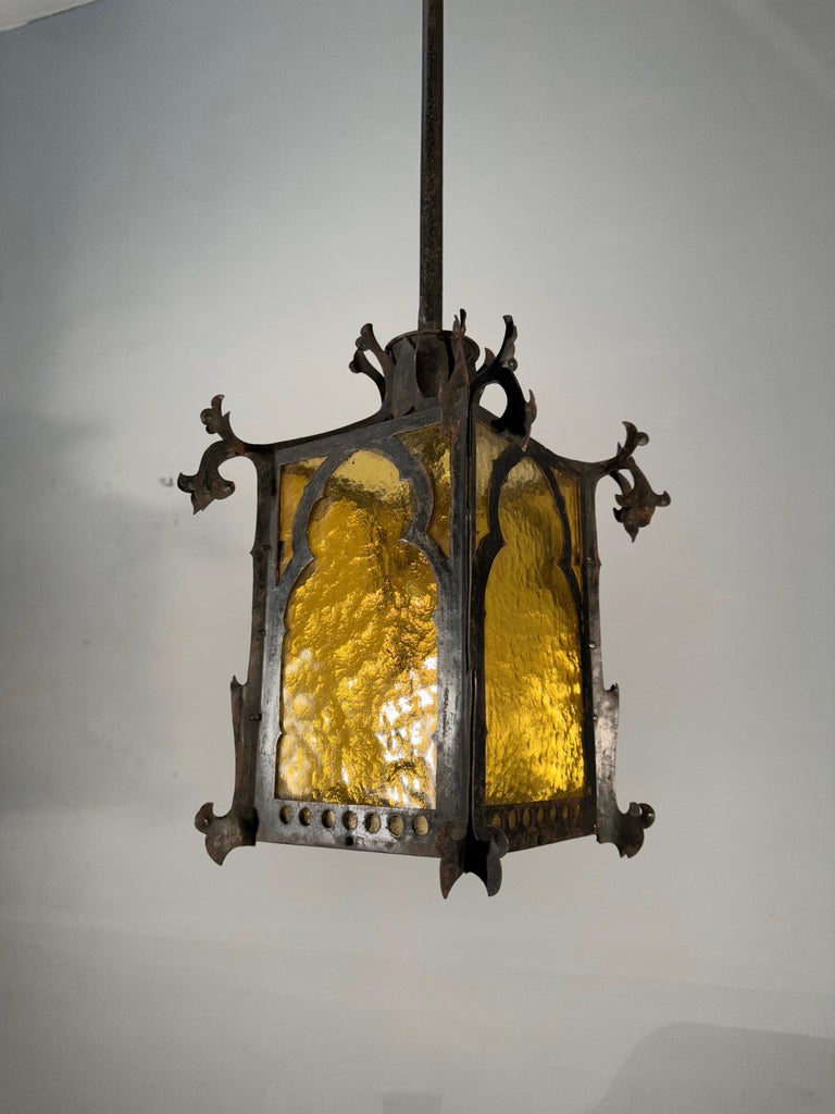 Gothic Revival Medieval Style Good Size Iron and Cathedral Glass ...