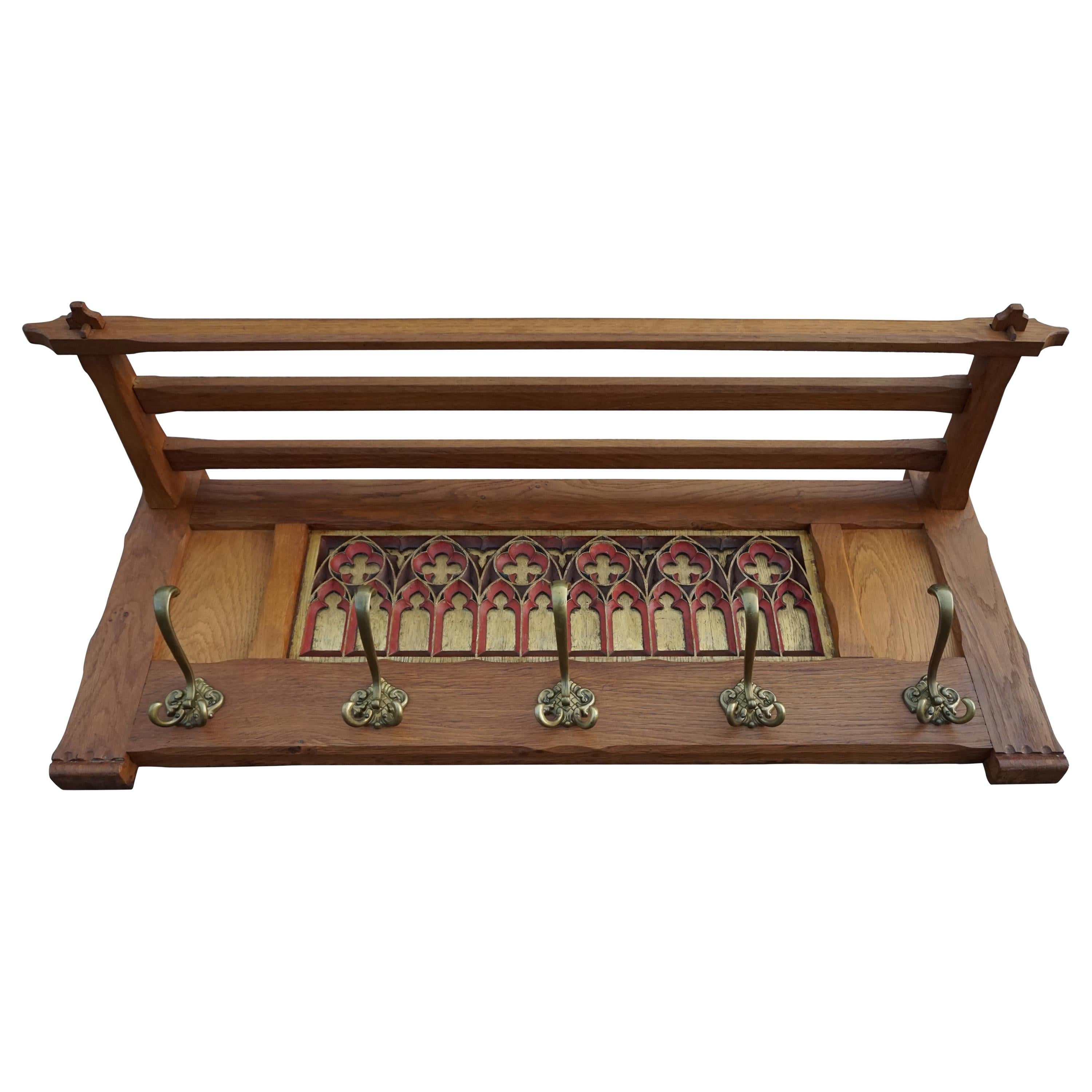 Gothic Revival Oak Coat Rack w. Hand Carved and Painted Church Window ...