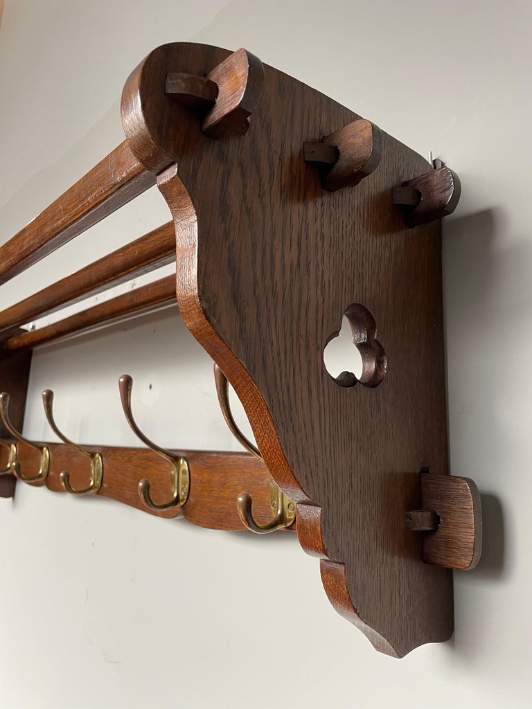Gothic Revival Oak Coat Rack w. Hand Carved Trefoil Symbols and 'Pen ...