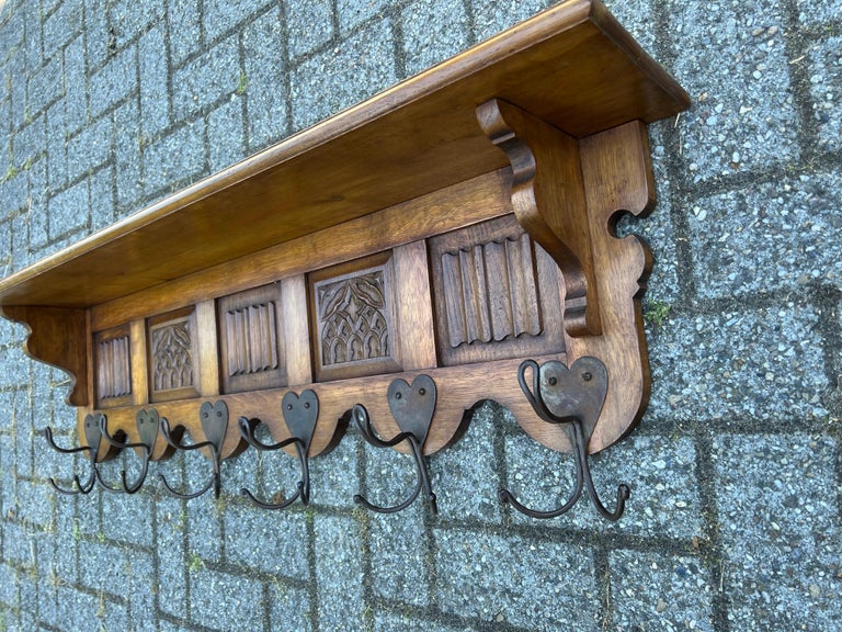 Gothic Revival Oak Wall Coat Rack wirh Stylish Church Window Panels and ...