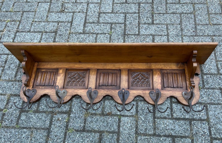 Gothic Revival Oak Wall Coat Rack wirh Stylish Church Window Panels and ...