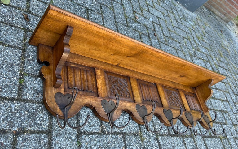 Gothic Revival Oak Wall Coat Rack wirh Stylish Church Window Panels and ...