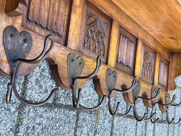Gothic Revival Oak Wall Coat Rack wirh Stylish Church Window Panels and ...