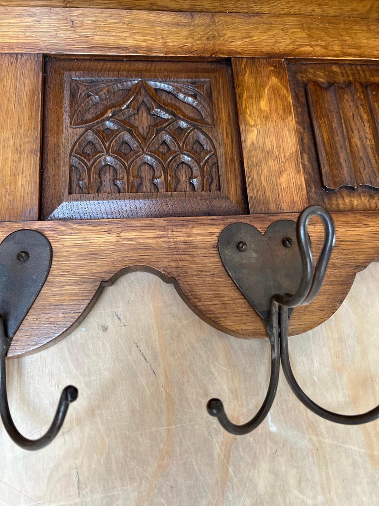 Gothic Revival Oak Wall Coat Rack wirh Stylish Church Window Panels and ...