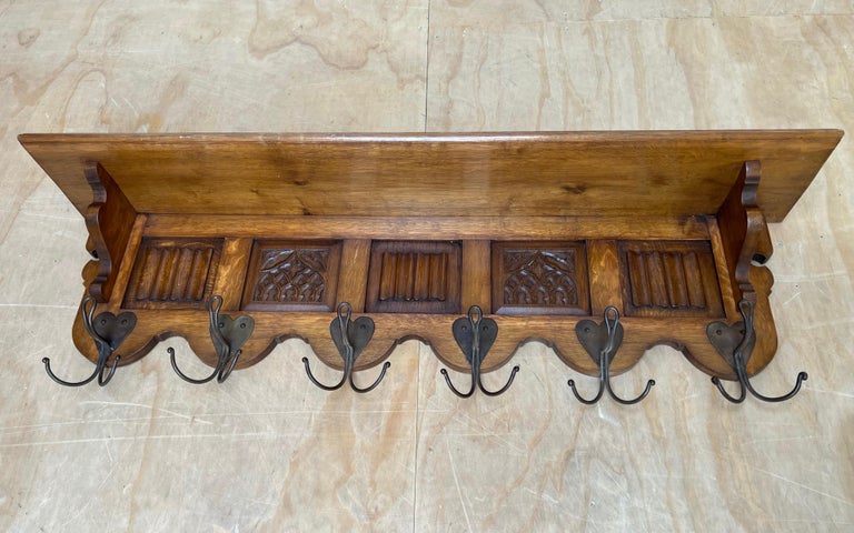 Gothic Revival Oak Wall Coat Rack wirh Stylish Church Window Panels and ...