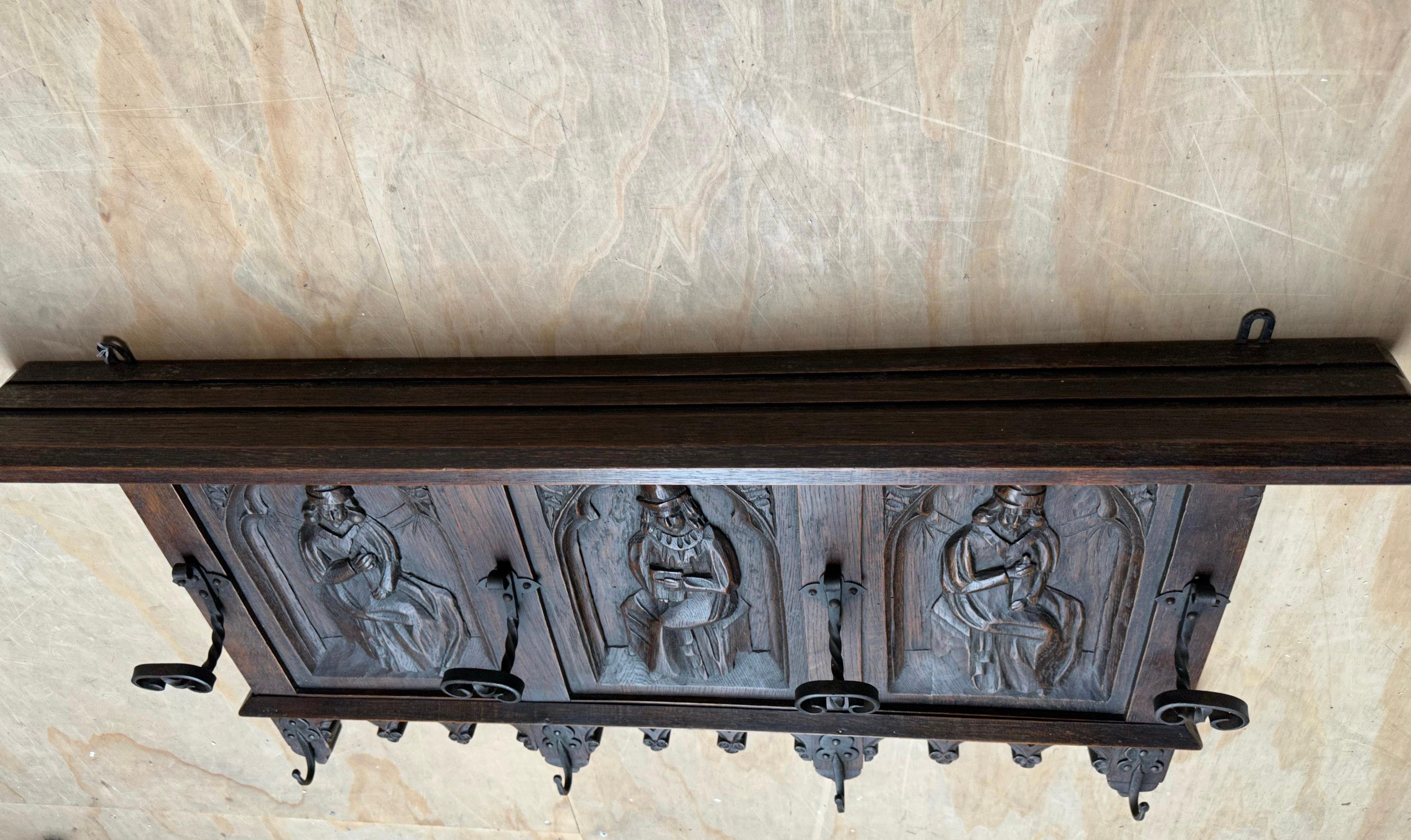 Gothic Revival Oak Wall Coat Rack with Clergyman Sculptures and Wrought ...