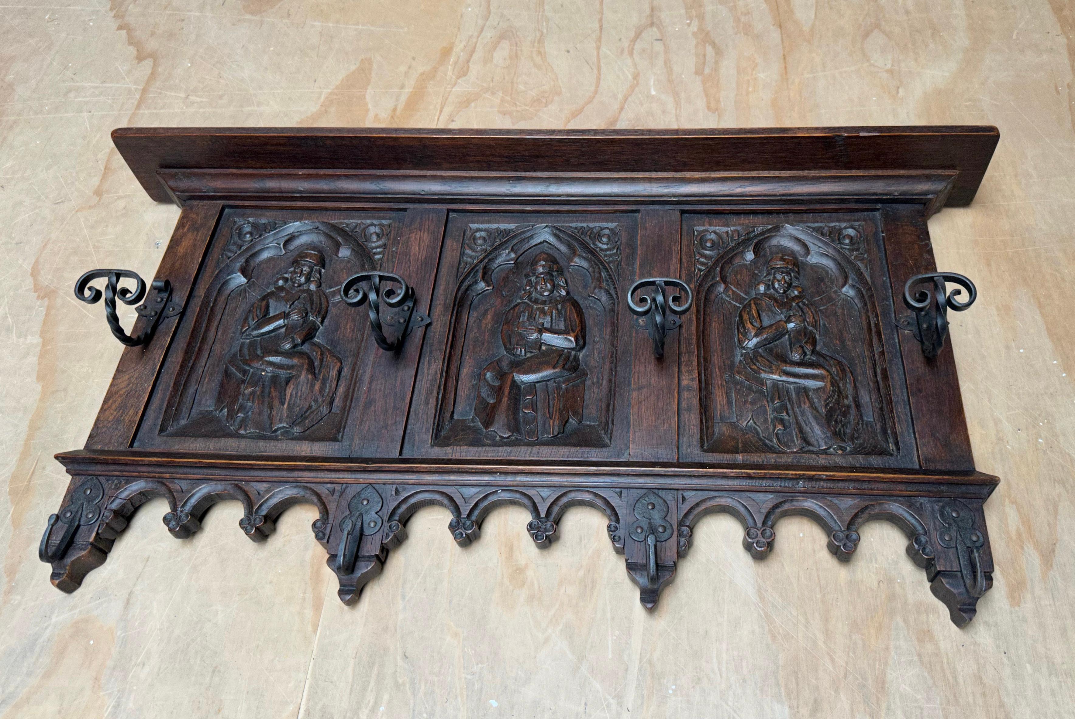 Gothic Revival Oak Wall Coat Rack with Clergyman Sculptures and Wrought ...