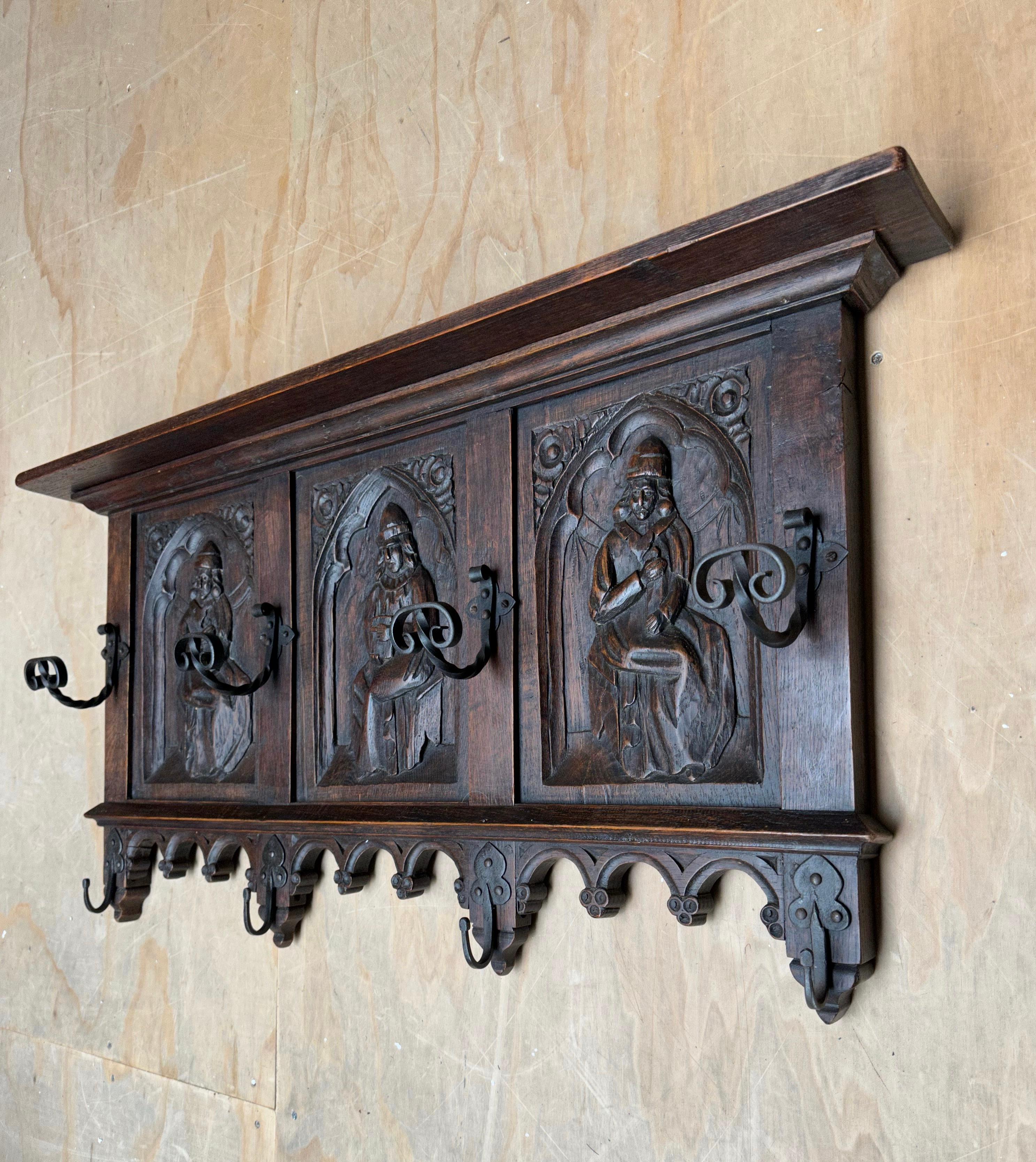 Gothic Revival Oak Wall Coat Rack with Clergyman Sculptures and Wrought ...