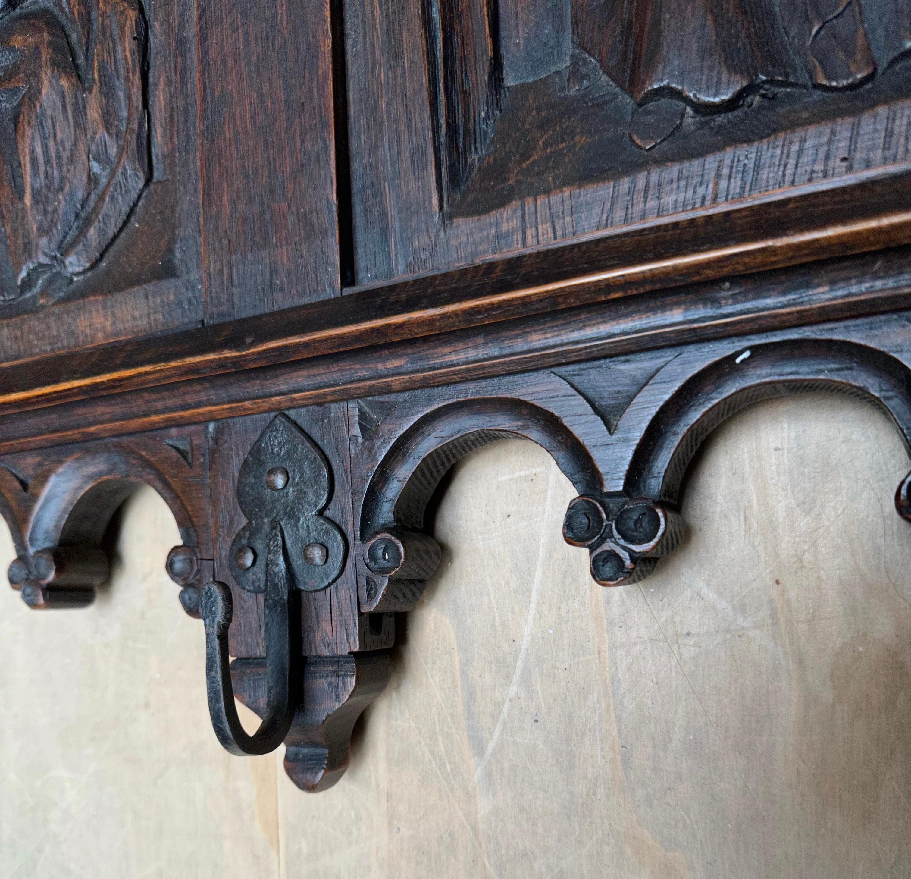 Gothic Revival Oak Wall Coat Rack with Clergyman Sculptures and Wrought ...