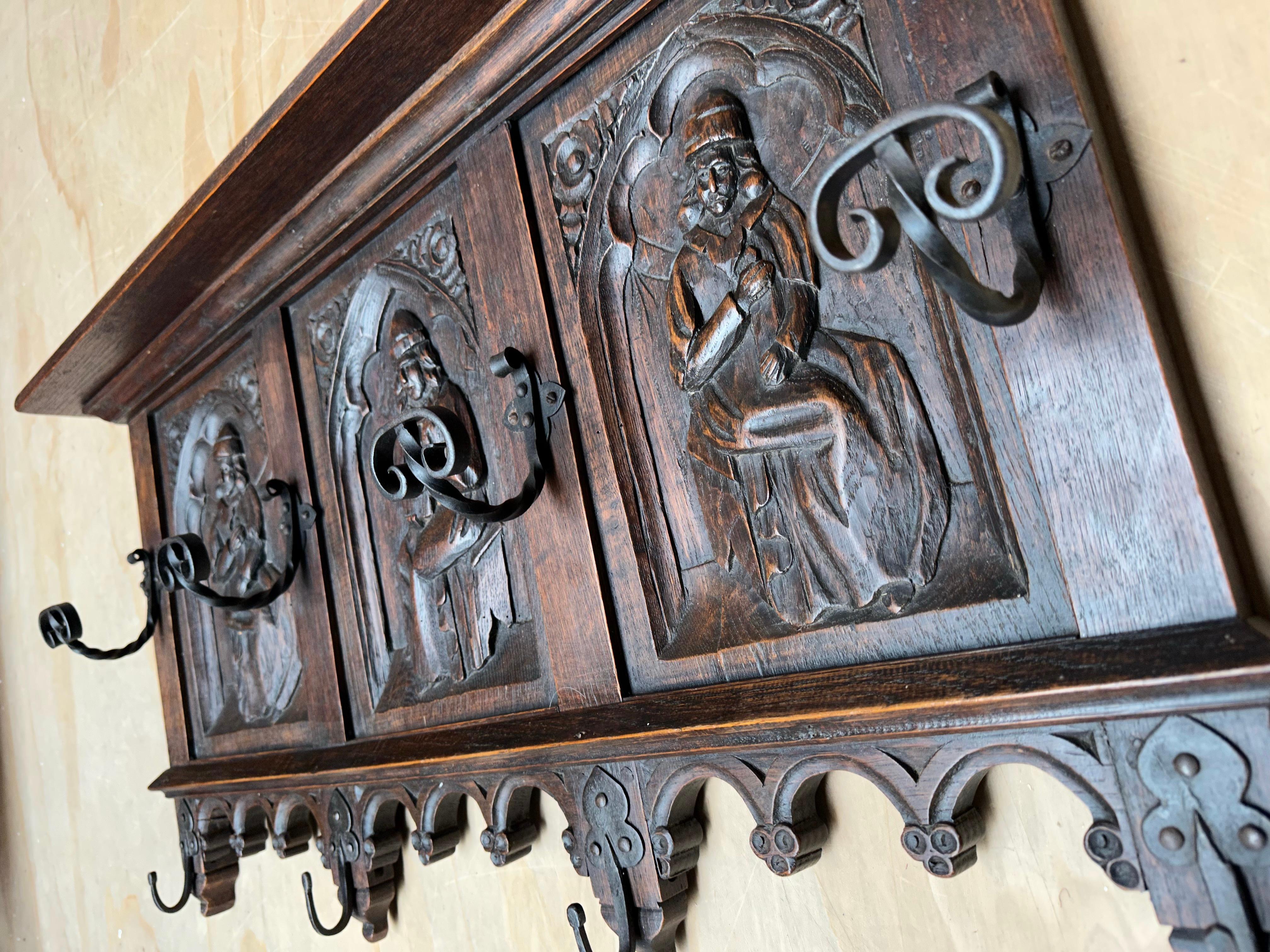 Gothic Revival Oak Wall Coat Rack with Clergyman Sculptures and Wrought ...
