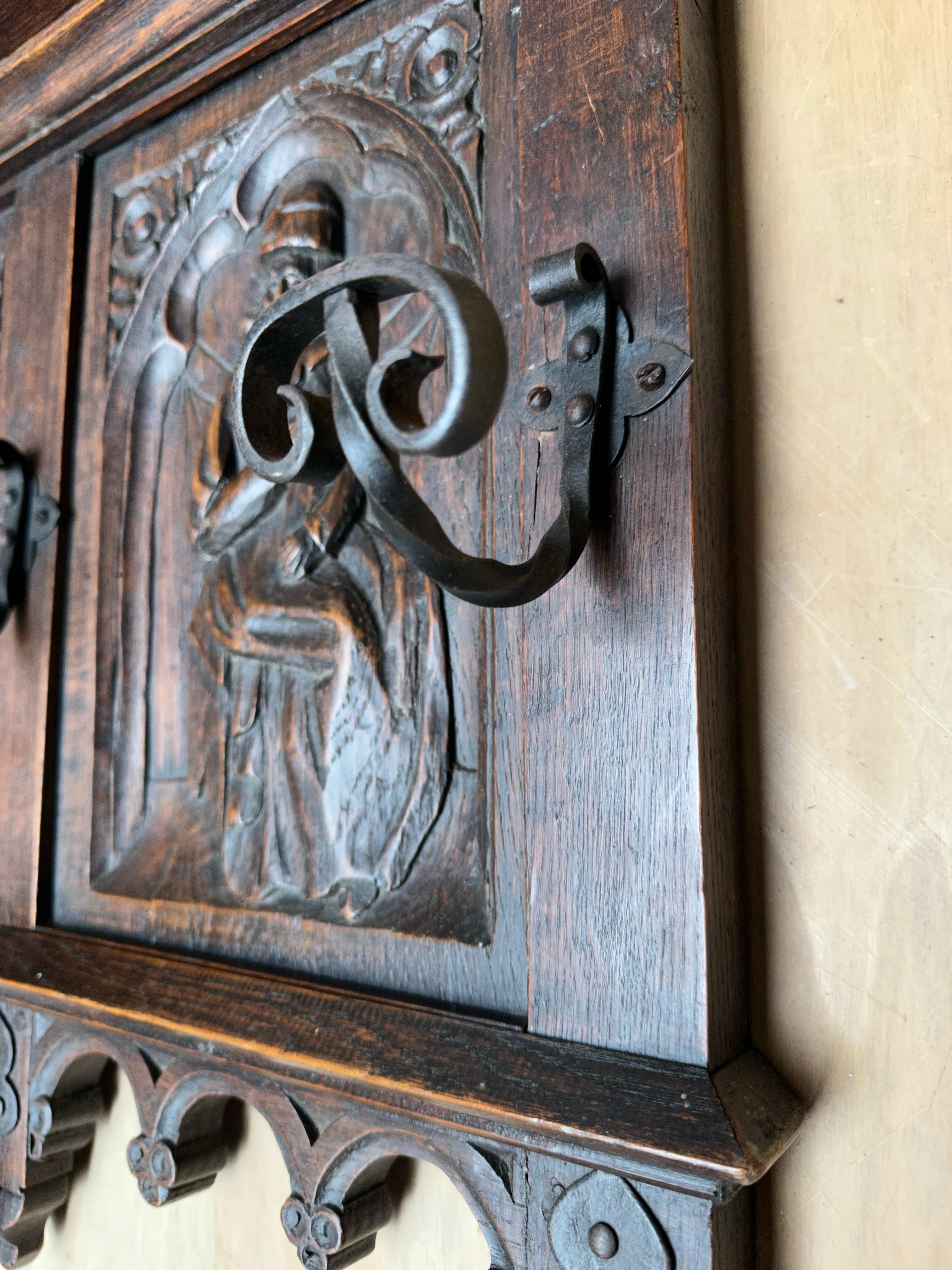 Gothic Revival Oak Wall Coat Rack with Clergyman Sculptures and Wrought ...